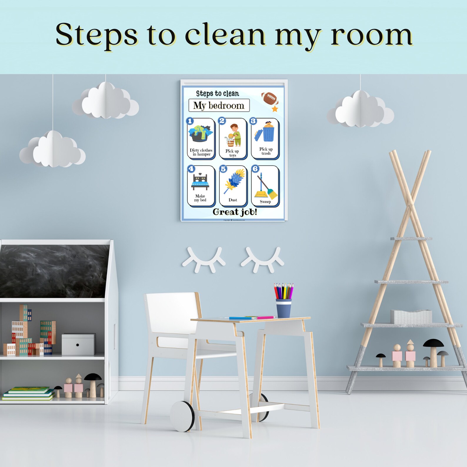 Clean My Room Chart for Children, Blue, Printable | Steps to Clean My ...