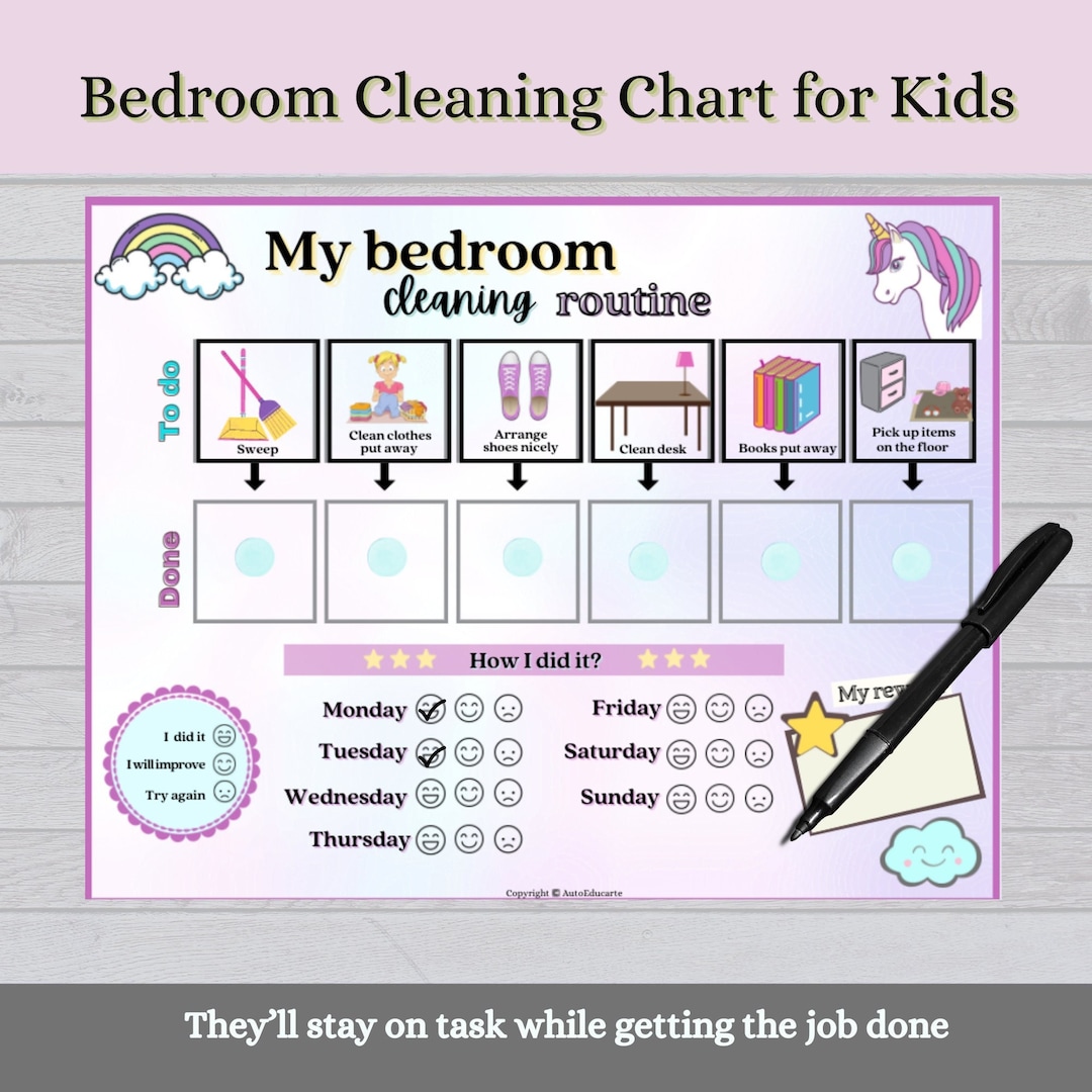 Bedroom Cleaning Chart for Kids - Unicorn Cleaning Routine - Pink ...
