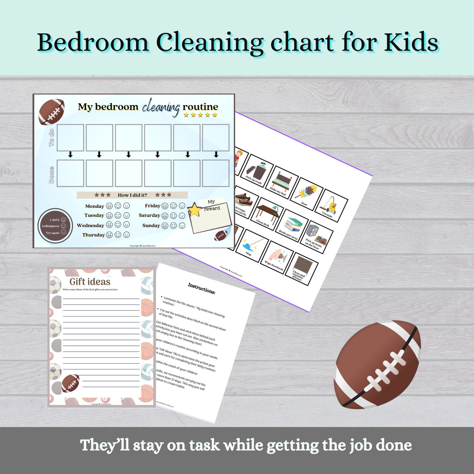 Bedroom Cleaning Chart for Kids - Sports Cleaning Routine - Blue ...
