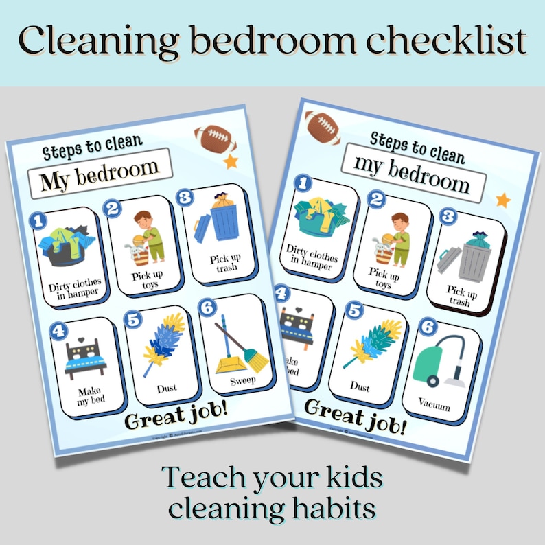 Clean My Room Chart for Children, Blue, Printable | Steps to Clean My ...