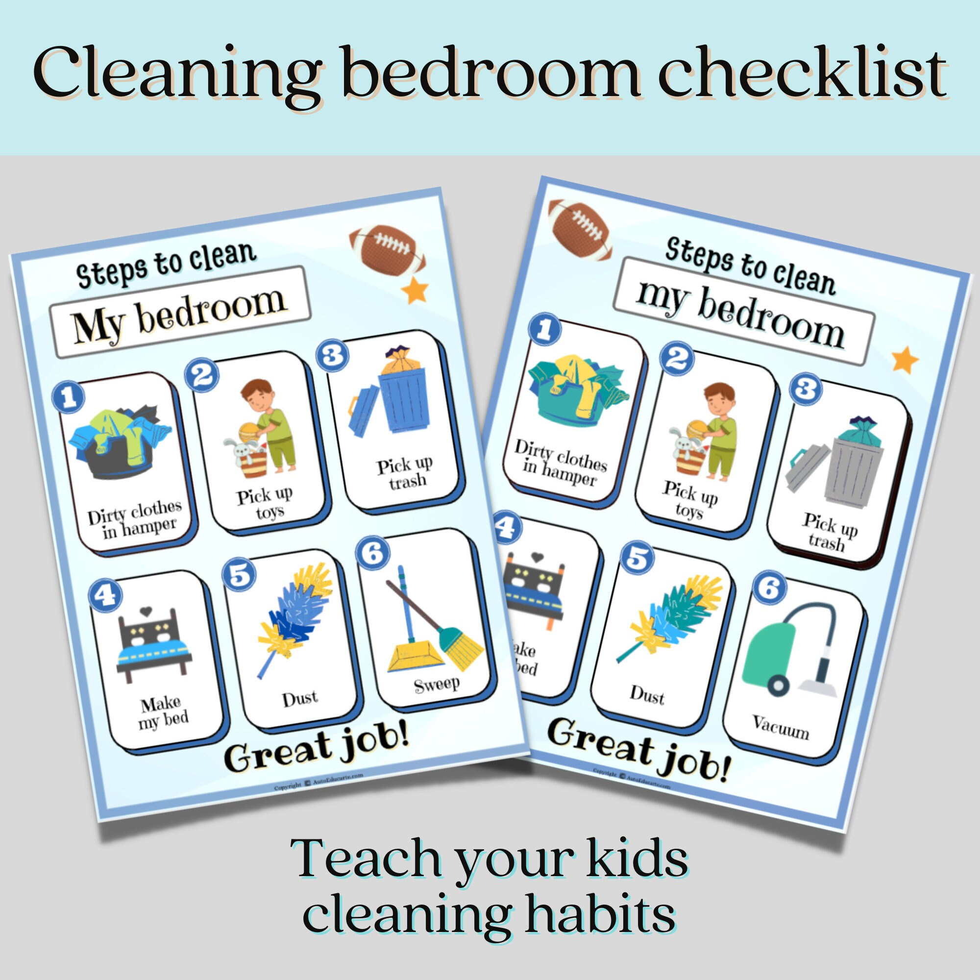 Clean My Room Chart for Children, Blue, Printable | Steps to Clean My ...