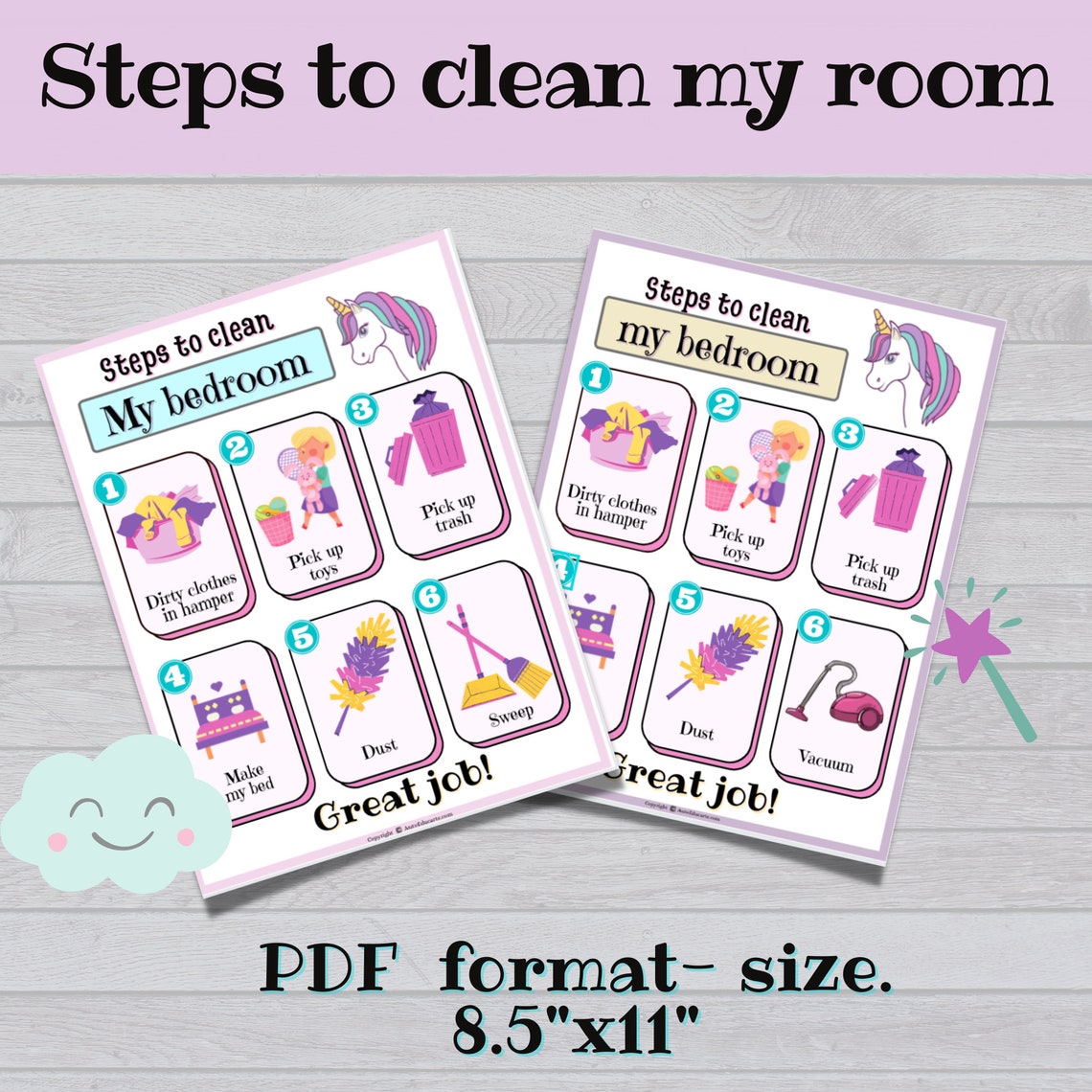 Clean My Room Chart for Children, Pink, Printable | Steps to Clean My ...