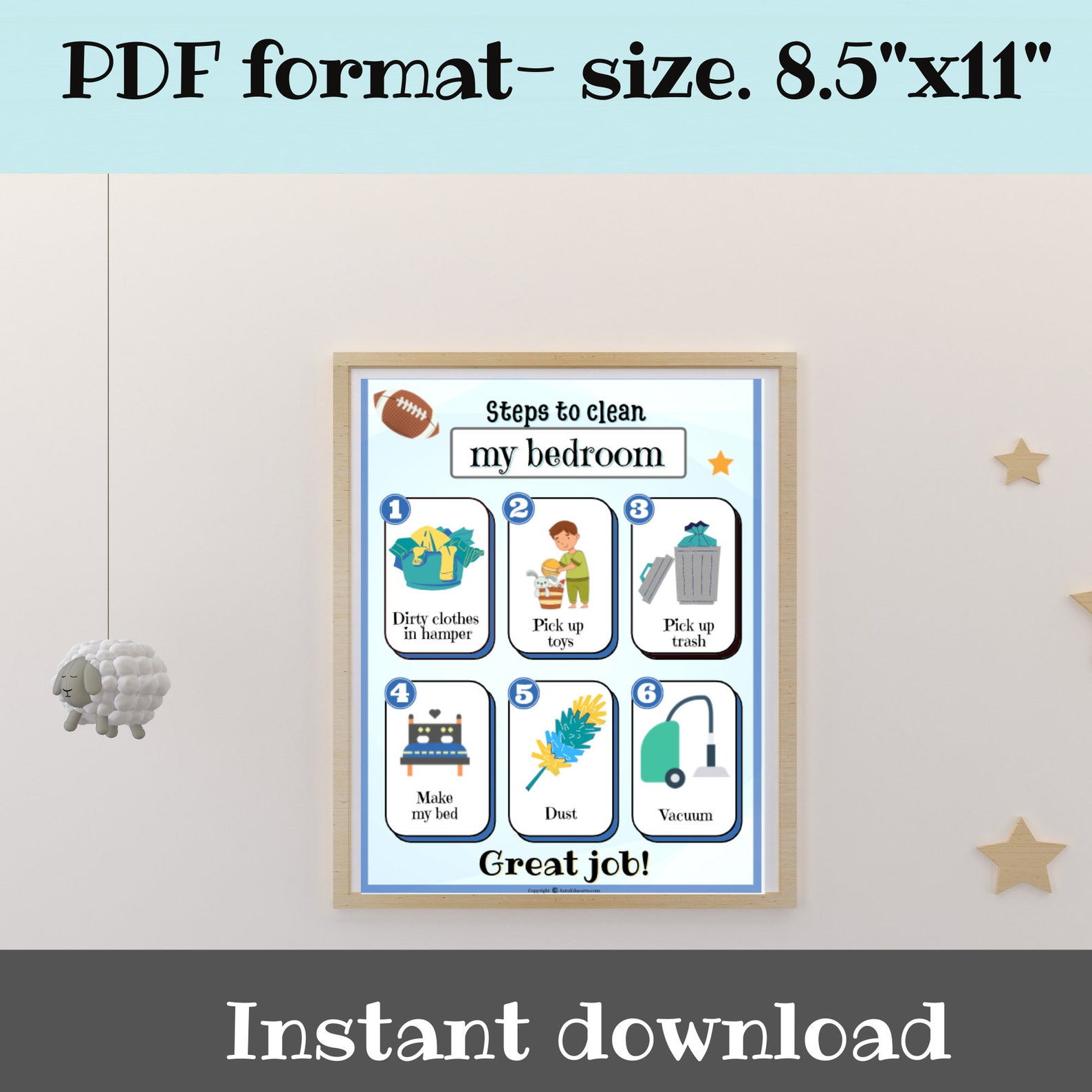 Clean My Room Chart for Children, Blue, Printable | Steps to Clean My ...