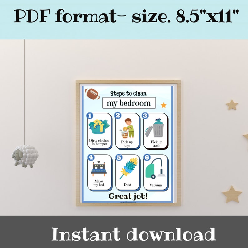 Clean My Room Chart for Children, Blue, Printable | Steps to Clean My ...