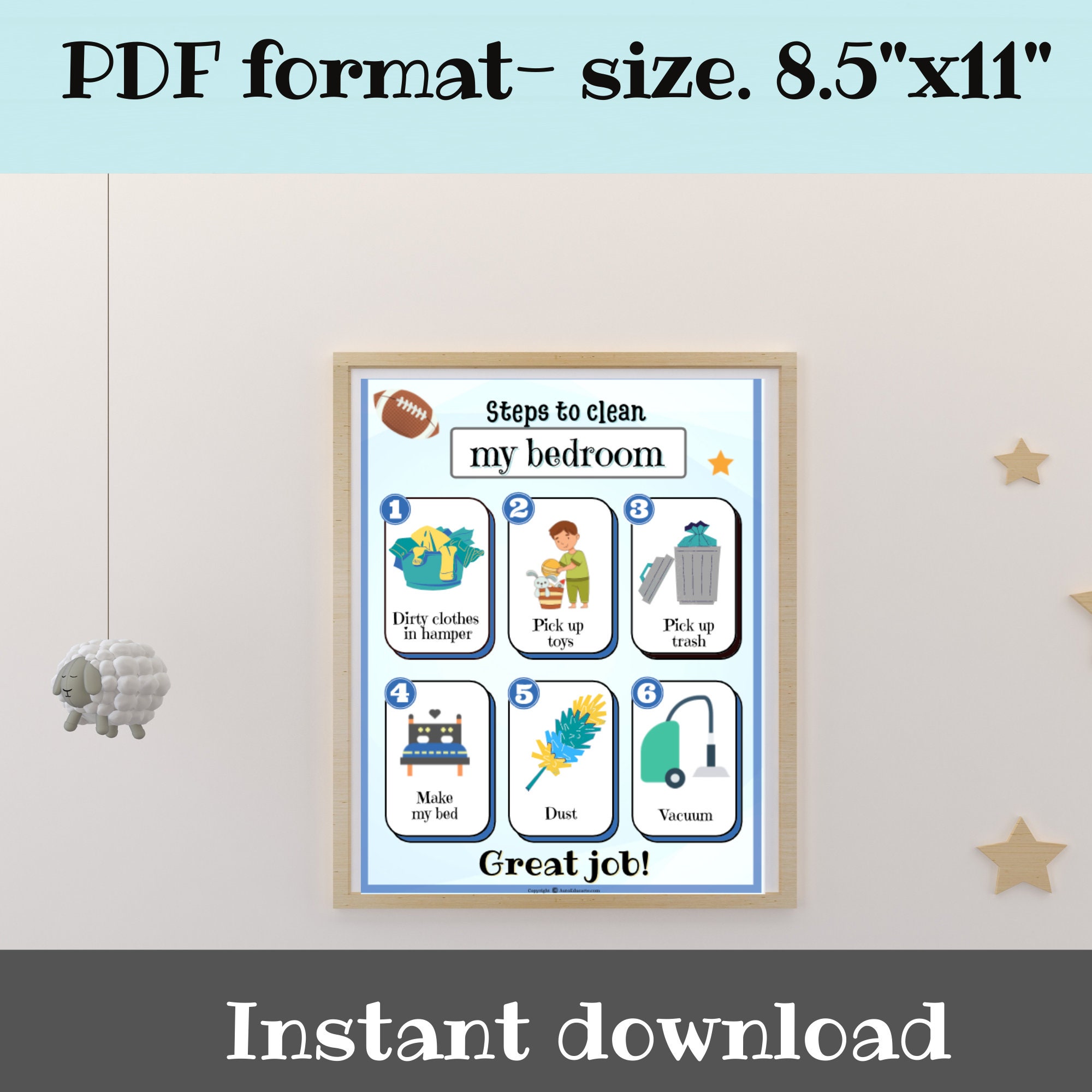 Clean My Room Chart for Children, Blue, Printable | Steps to Clean My ...