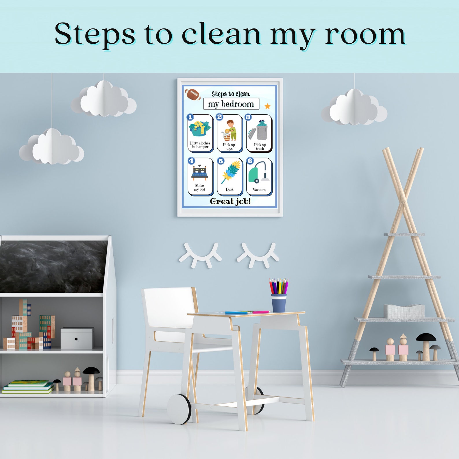 Clean My Room Chart for Children, Blue, Printable | Steps to Clean My ...