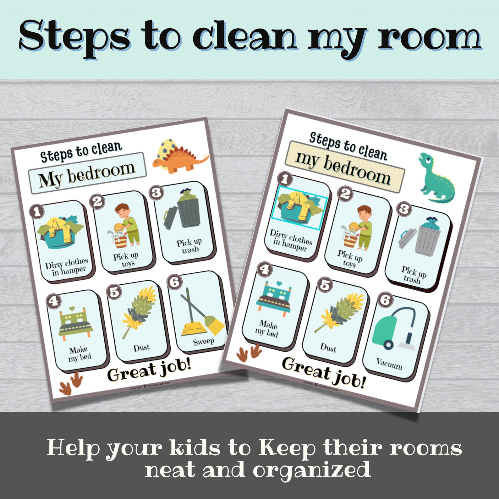 Clean My Room Chart for Children, Green, Printable | Steps to Clean My ...