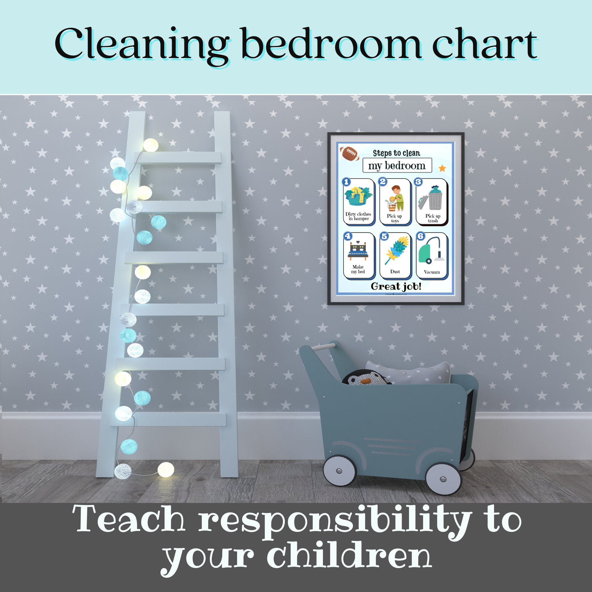 Clean My Room Chart for Children, Blue, Printable | Steps to Clean My ...