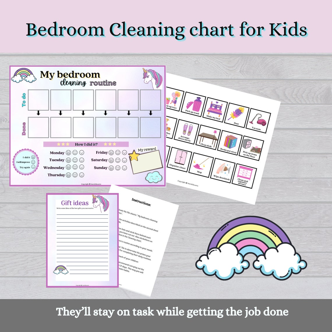 Bedroom Cleaning Chart for Kids Unicorn Cleaning Routine Pink Cleaning ...