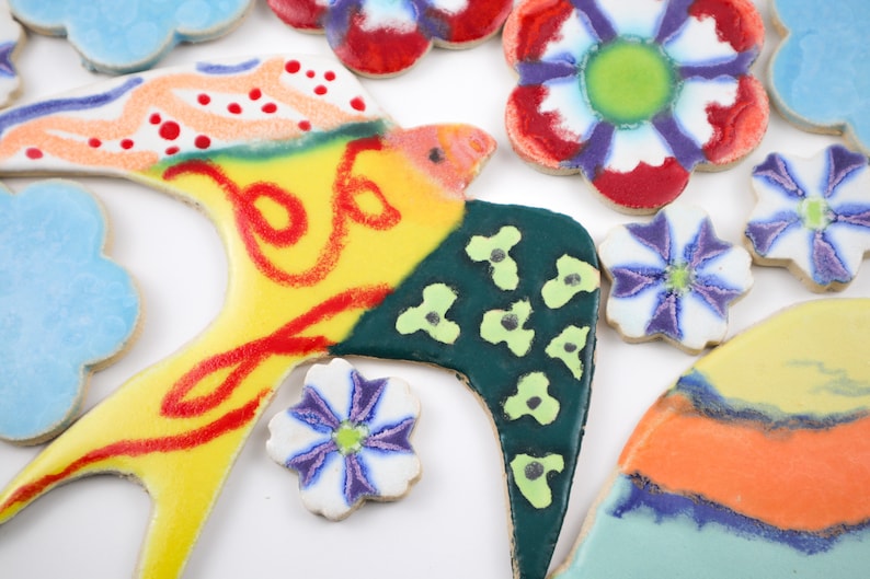 Quantum Field Birds Handmade and Hand-painted Ceramic Tiles for Mosaic ...