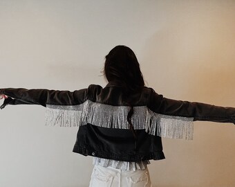 Rhinestone Fringe Black Denim Jacket - Etsy
