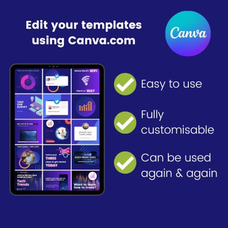 30 Tech Blue Instagram Feed Posts - Canva Free Version - Etsy