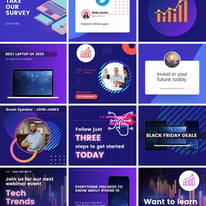 30 Tech Blue Instagram Feed Posts - Canva Free Version - Etsy