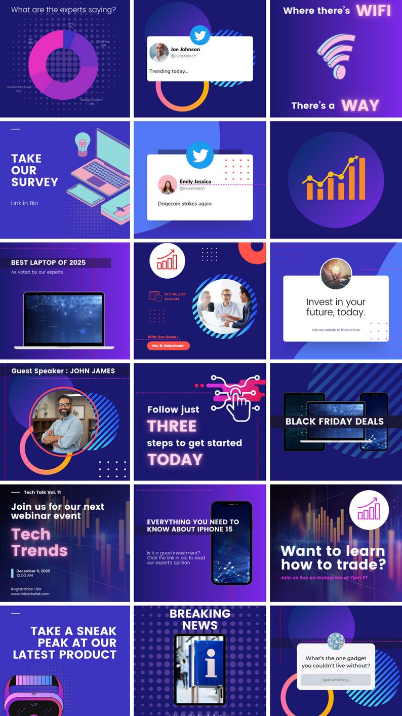 30 Tech Blue Instagram Feed Posts - Canva Free Version - Etsy