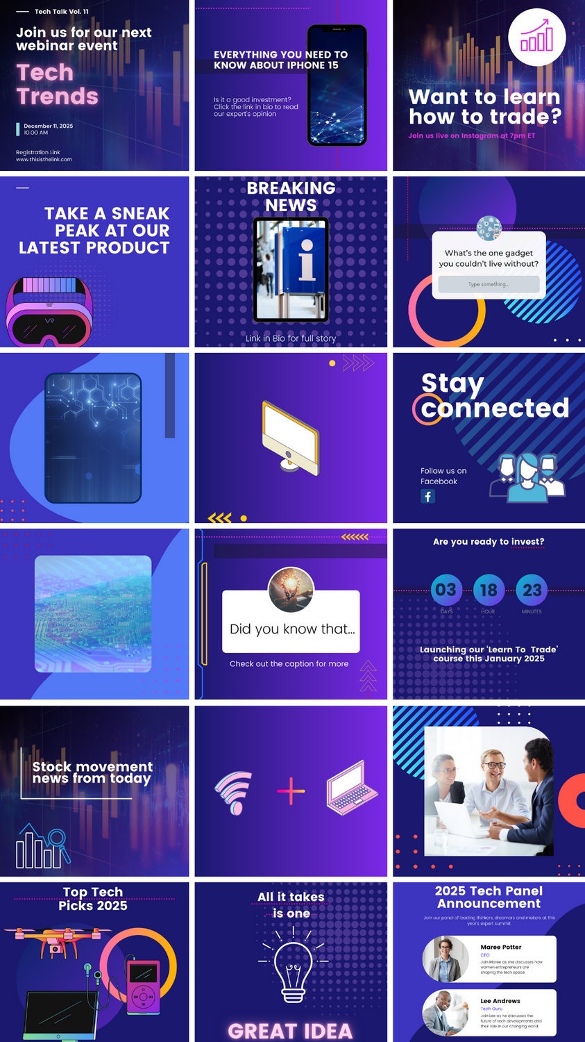 30 Tech Blue Instagram Feed Posts Canva Free Version - Etsy