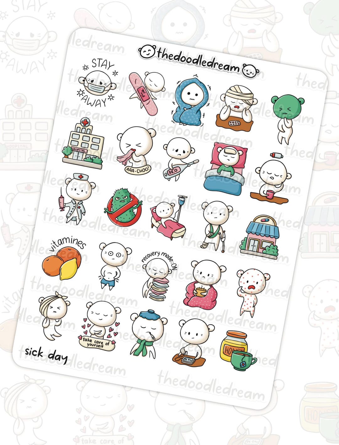 Sick Day Recovery Sticker Sheet – Kawaii Hand-drawn Self-care Doodles ...