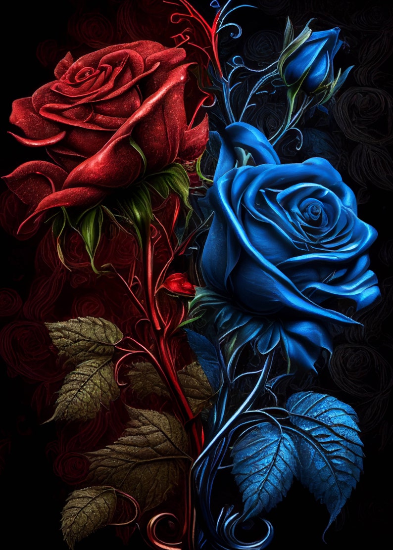 Red and Blue Roses - Digitally Created Art - Instant Download - Etsy