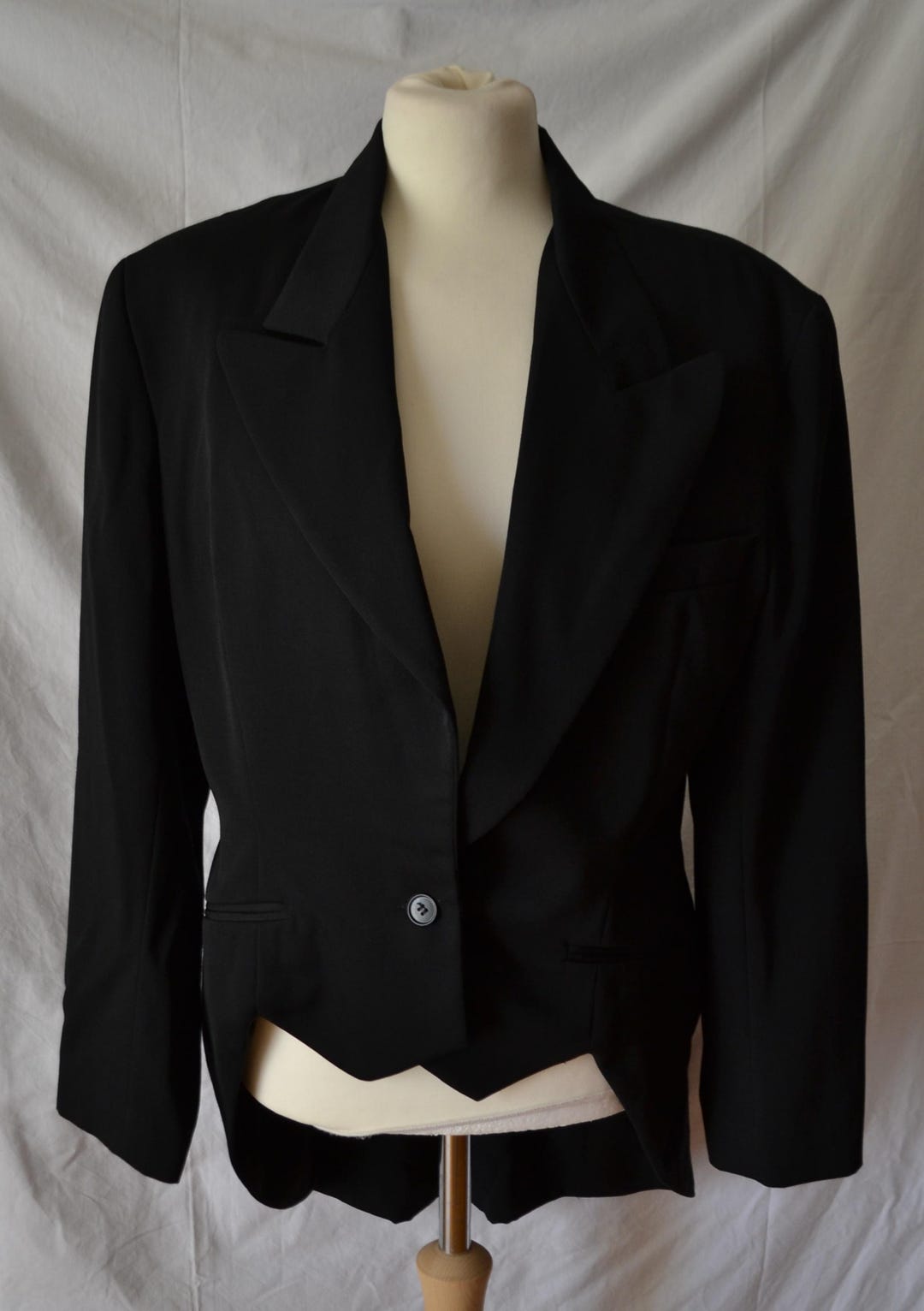 Vintage Norma Kamali OMO 90s Fitted Tuxedo Tail Black Wool Blazer Size ...
