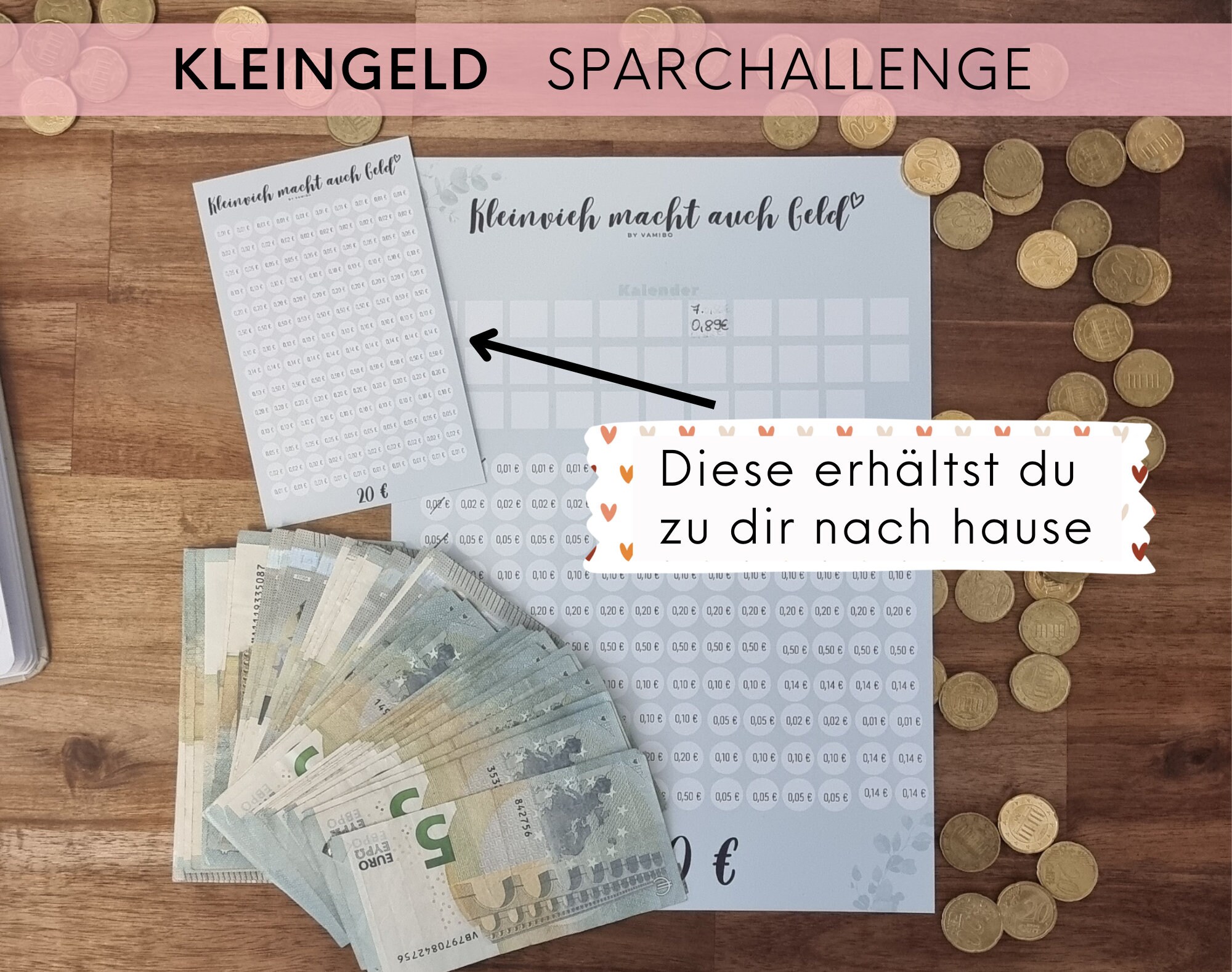 Kleingeld Sparchallenge, beidseitig bedruckt, 1 Monat jeden Tag sparen ...