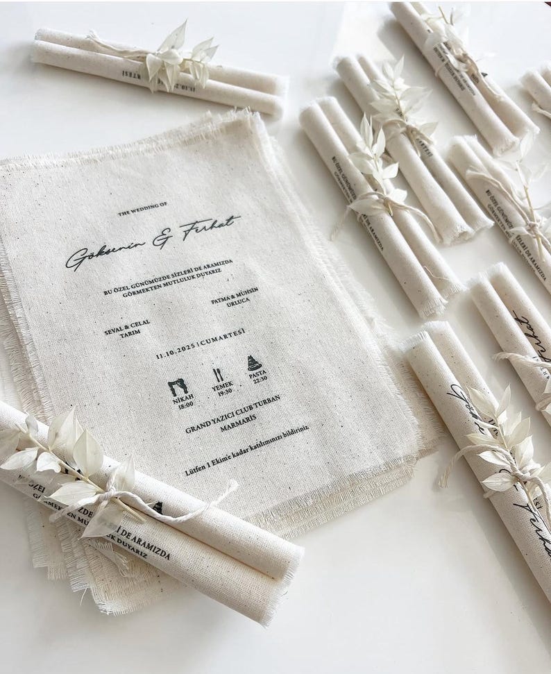 Fabric Wedding Invitations: Dried Floral Accents, Rustic Twine - Etsy