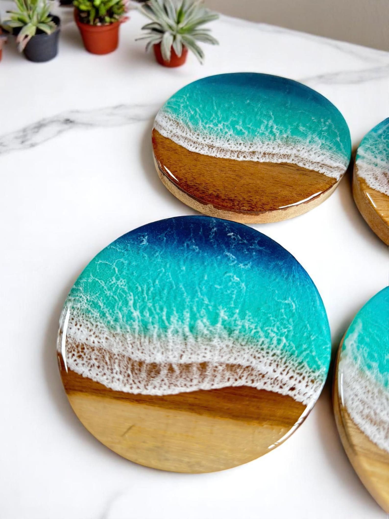 Blue Ocean Resin Epoxy Wood Coasters, Drink Coasters Set, Custom ...