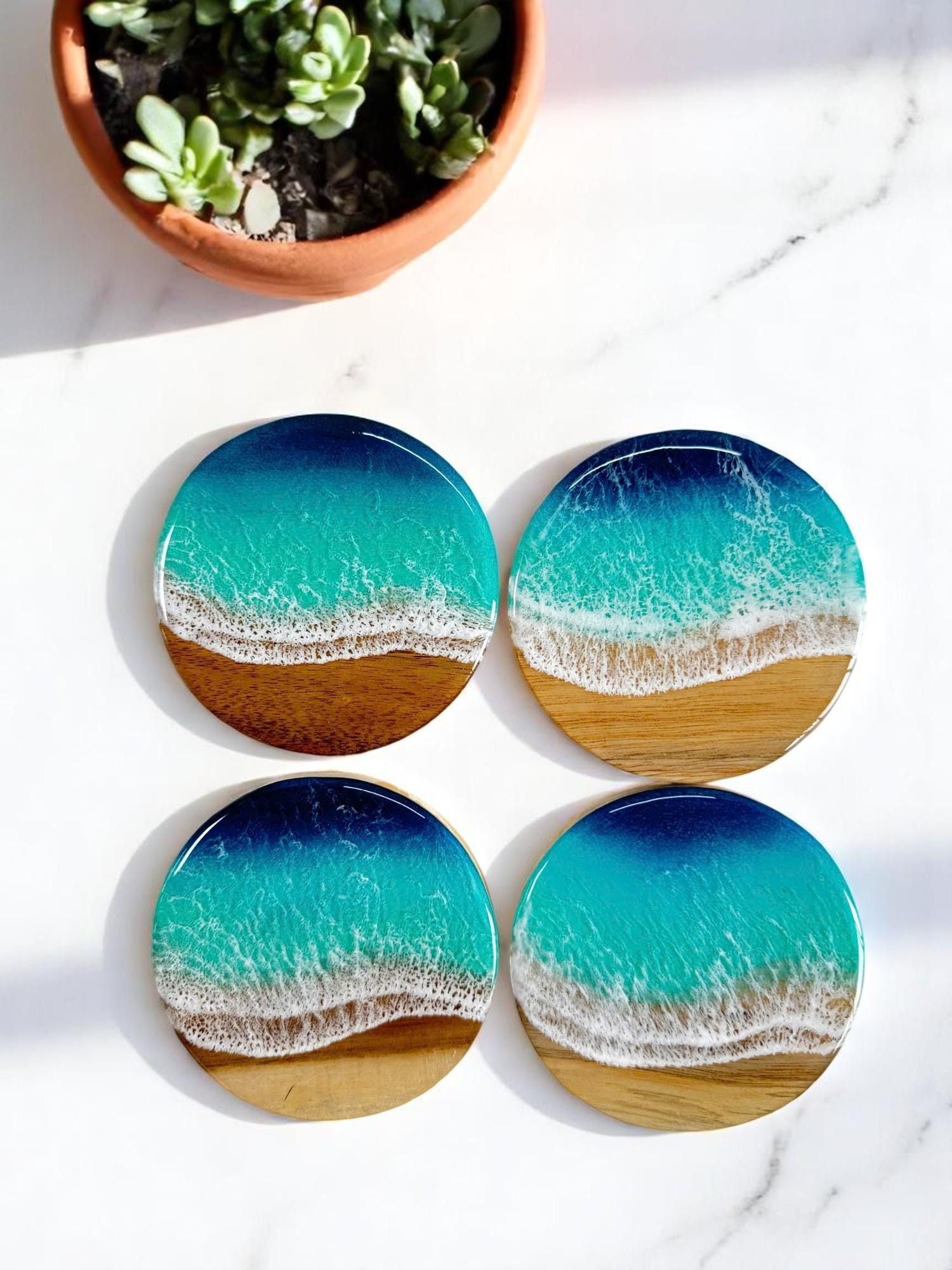 Blue Ocean Resin Epoxy Wood Coasters, Drink Coasters Set, Custom ...