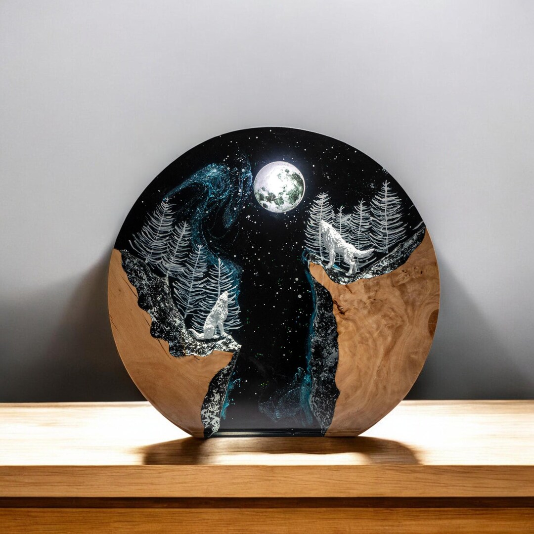 Lamp Wolf Epoxy Resin Wood, Custom Night Light, Silver Wolf Lamp, Epoxy ...