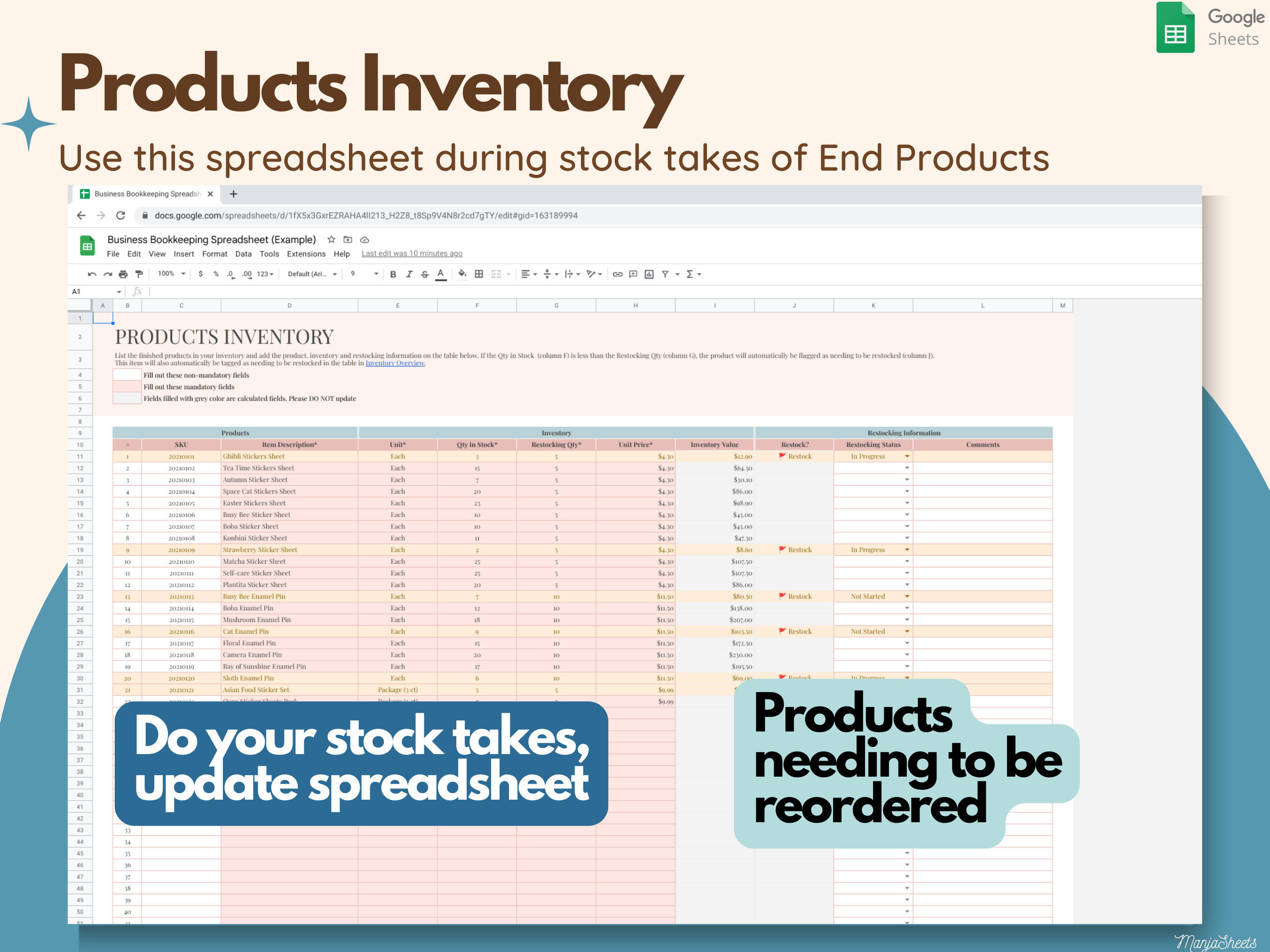 Business Inventory Tracker Spreadsheet: Google Sheets Template (digital ...
