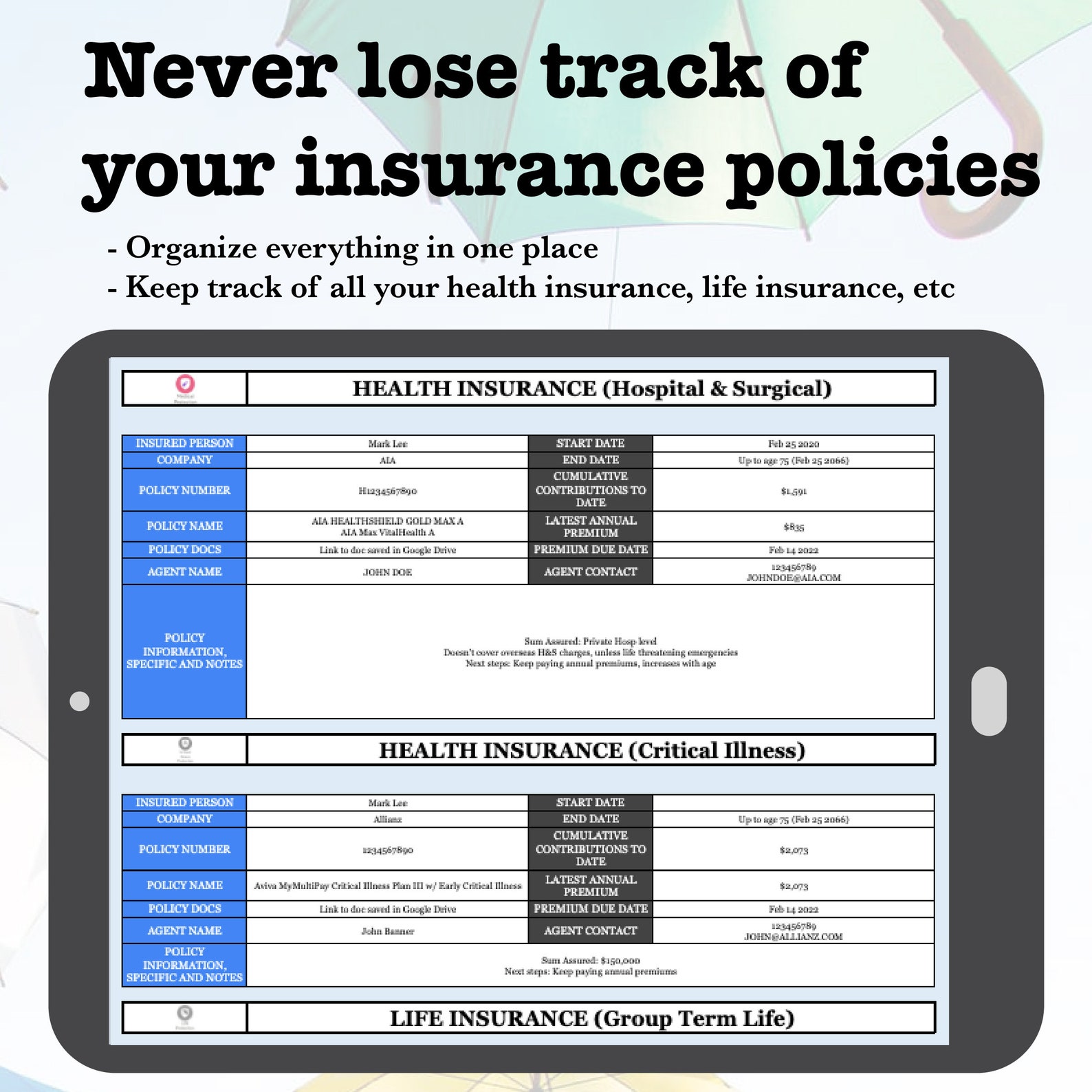 Medical Insurance Planner and Tracker - Organize Your Insurance Policy ...