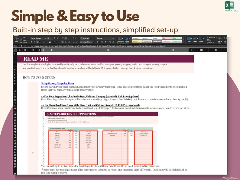 Weekly Meal Planner Excel Template: Grocery List & Expense Tracker - Etsy