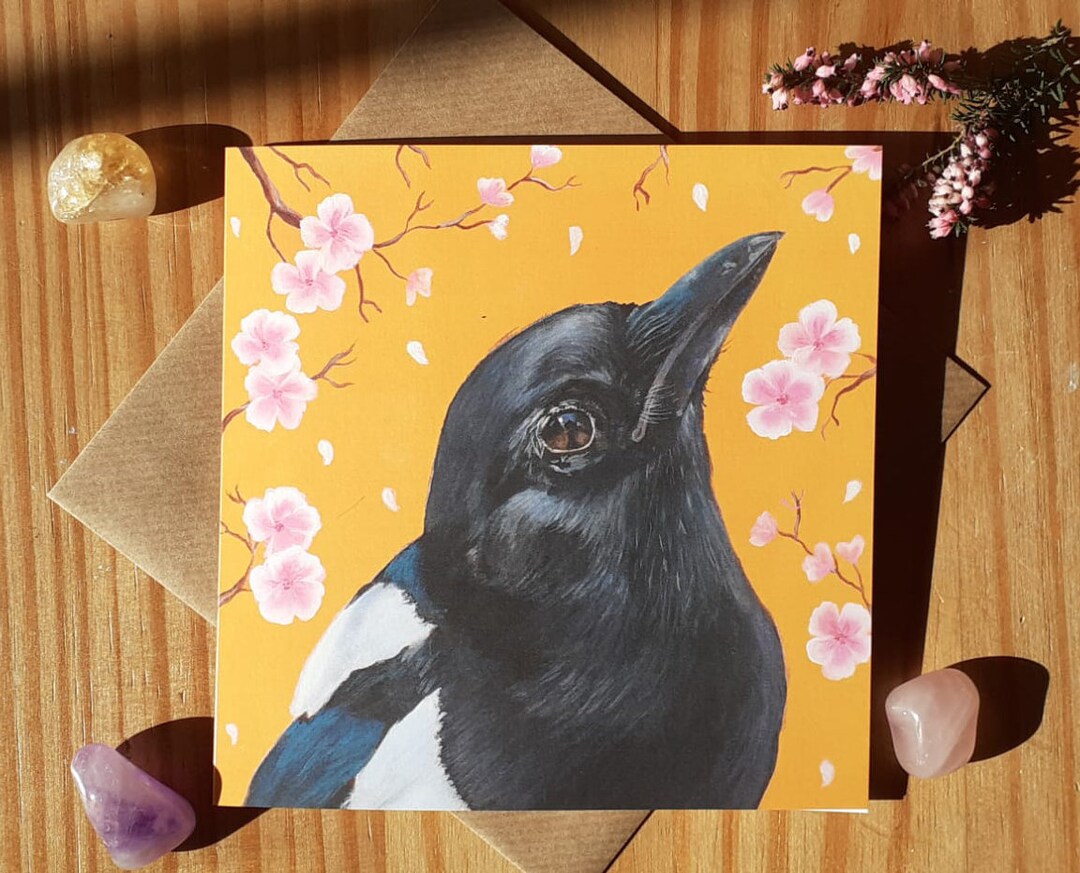 Magpie With Cherry Blossom Greetings Card / Magpie Birthday Card ...