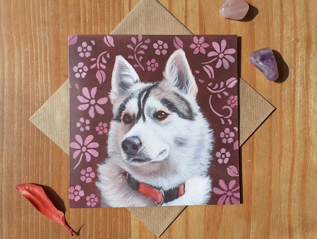Husky With Flowers Greetings Card / Husky Birthday Card / Husky Card ...