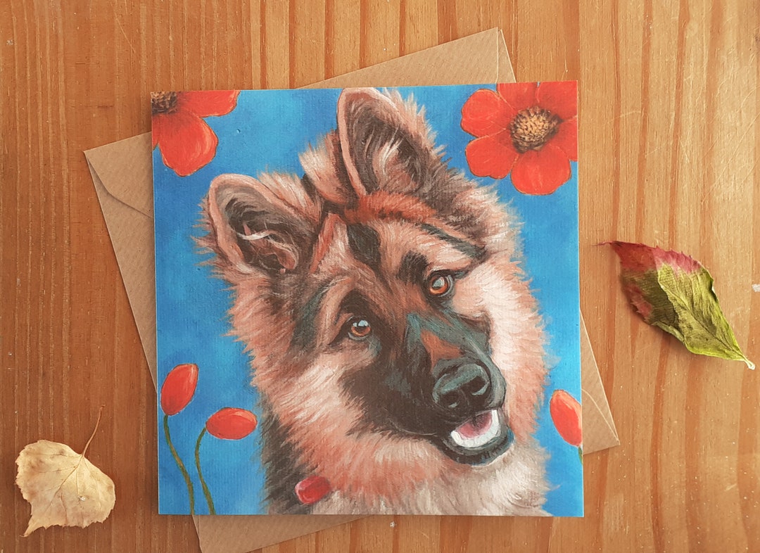 German Shepherd With Poppies Greetings Card / German Shepherd Birthday ...