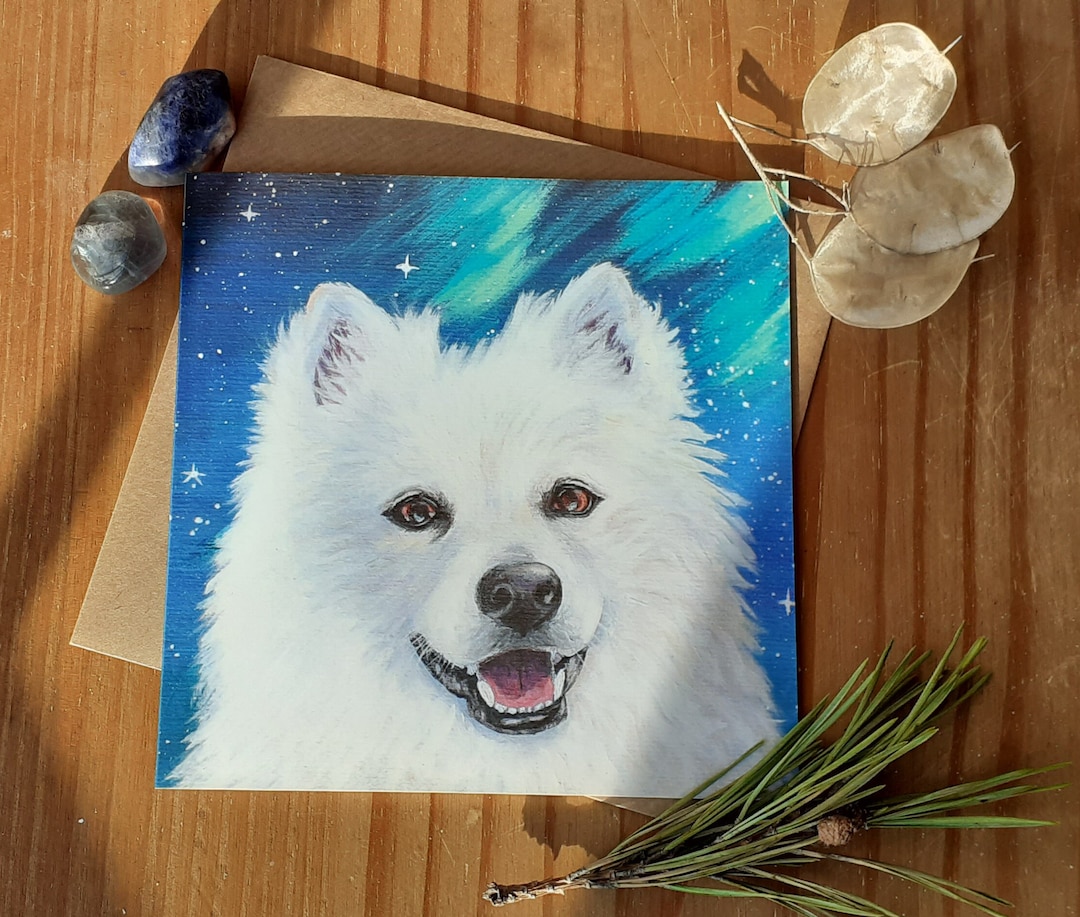 Samoyed With Northern Lights Greetings Card / Samoyed Birthday Card ...