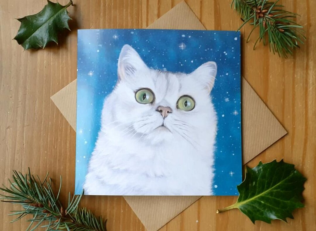 White Cat With Starry Sky Greetings Card / White Cat Birthday Card ...