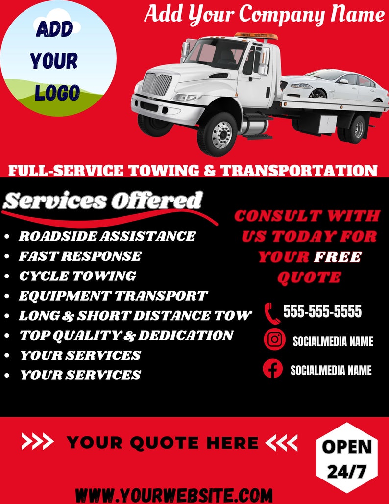 Tow Truck Flyer, Towing Truck Promo, Towing Template, Tow Truck ...