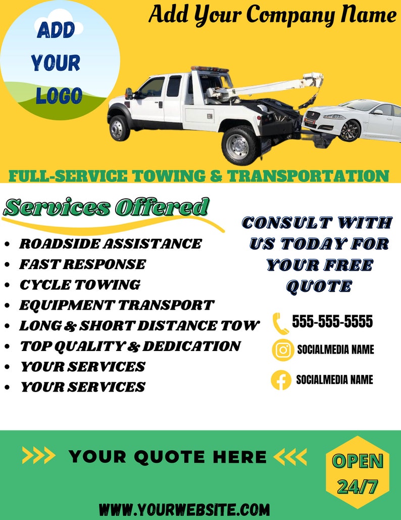 Tow Truck Flyer, Towing Truck Promo, Towing Template, Tow Truck ...