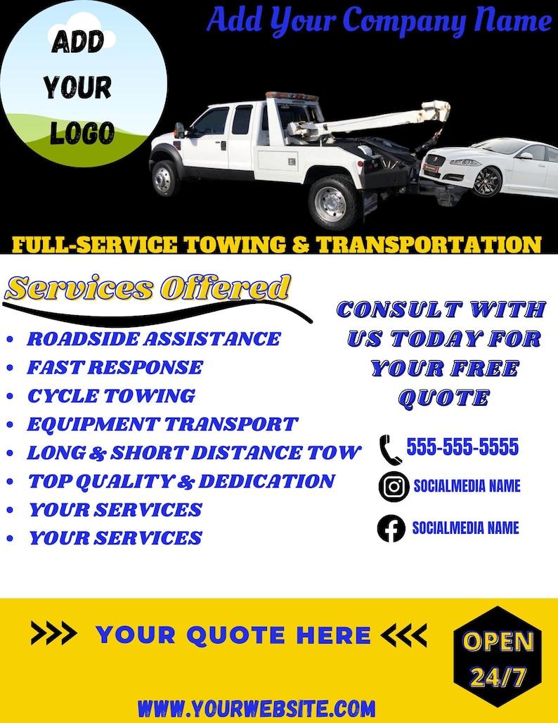 Tow Truck Flyer, Towing Truck Promo, Towing Template, Tow Truck ...