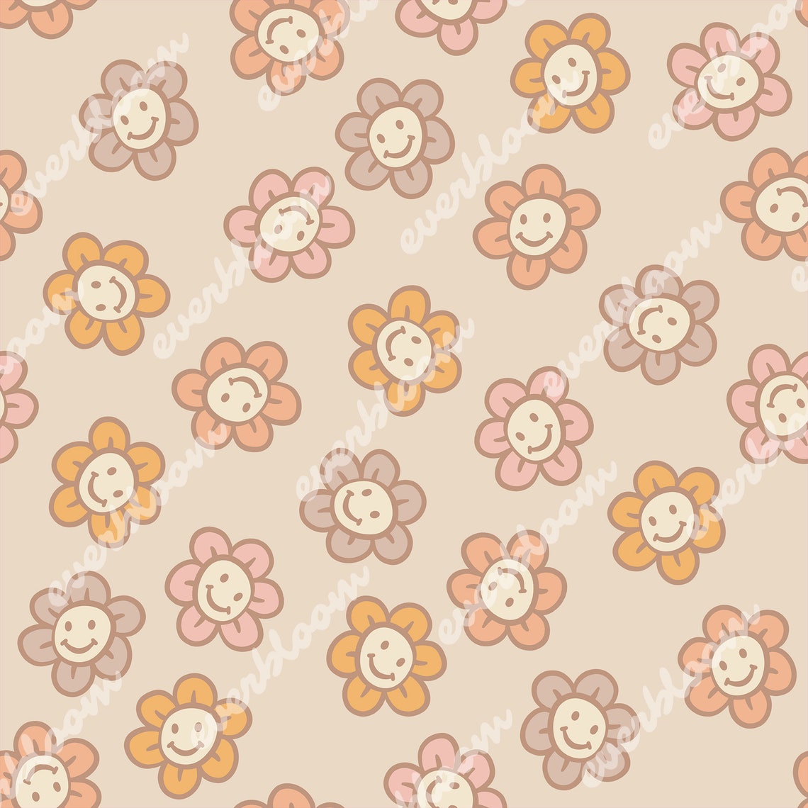 Retro Smiley Flowers Seamless Pattern for Commercial Use - Etsy