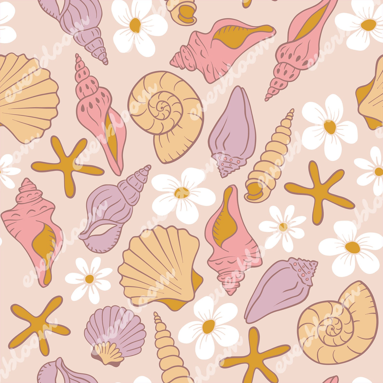 Seashells Seamless Pattern for Commercial Use, Repeat Pattern Jpg, Boho ...