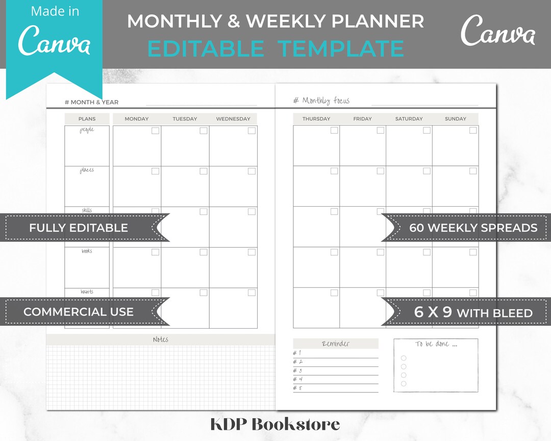 Canva Undated Planner Template, Editable Weekly & Monthly Planner, Kdp ...