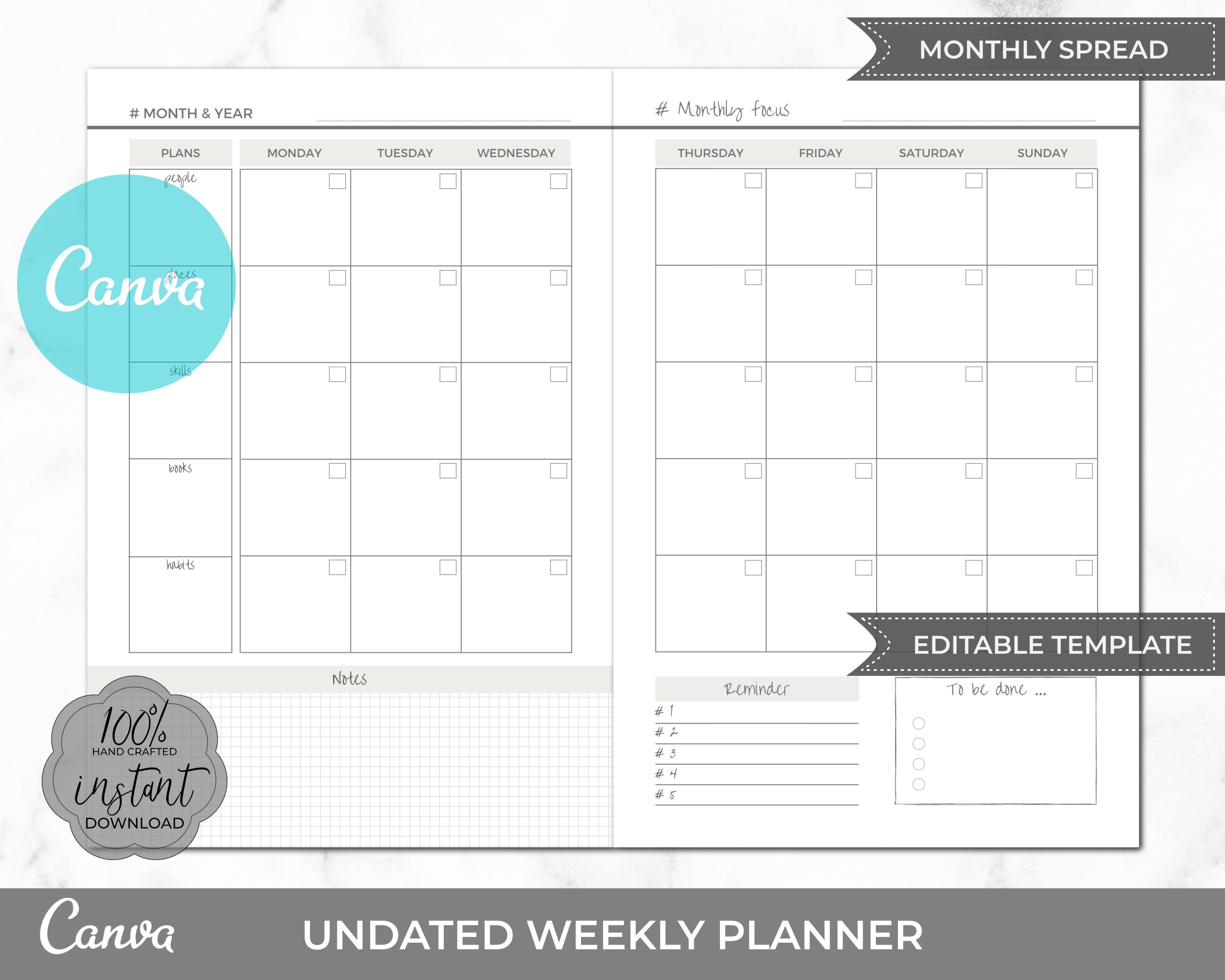 Canva Undated Planner Template, Editable Weekly & Monthly Planner, Kdp ...