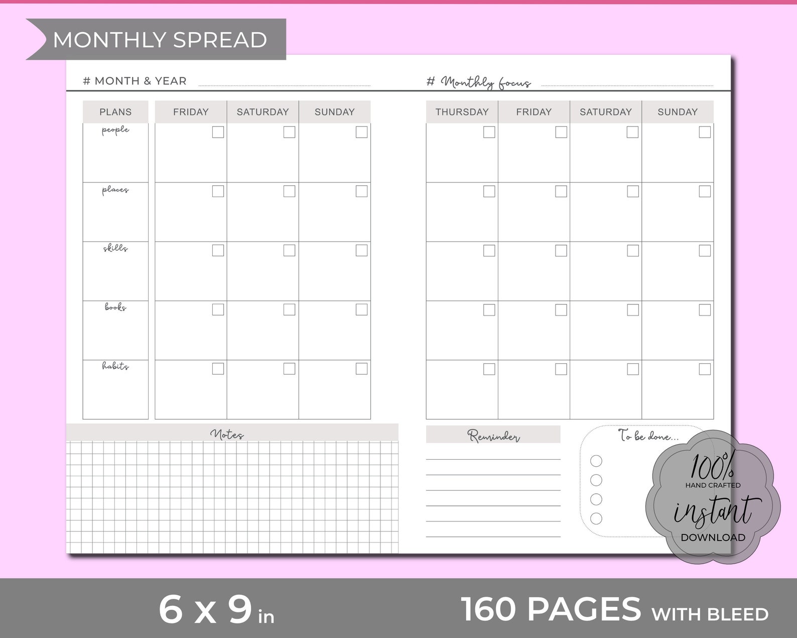 Weekly & Monthly Undated Planner, Kdp Interior Template, 6x9 Inches 160 ...