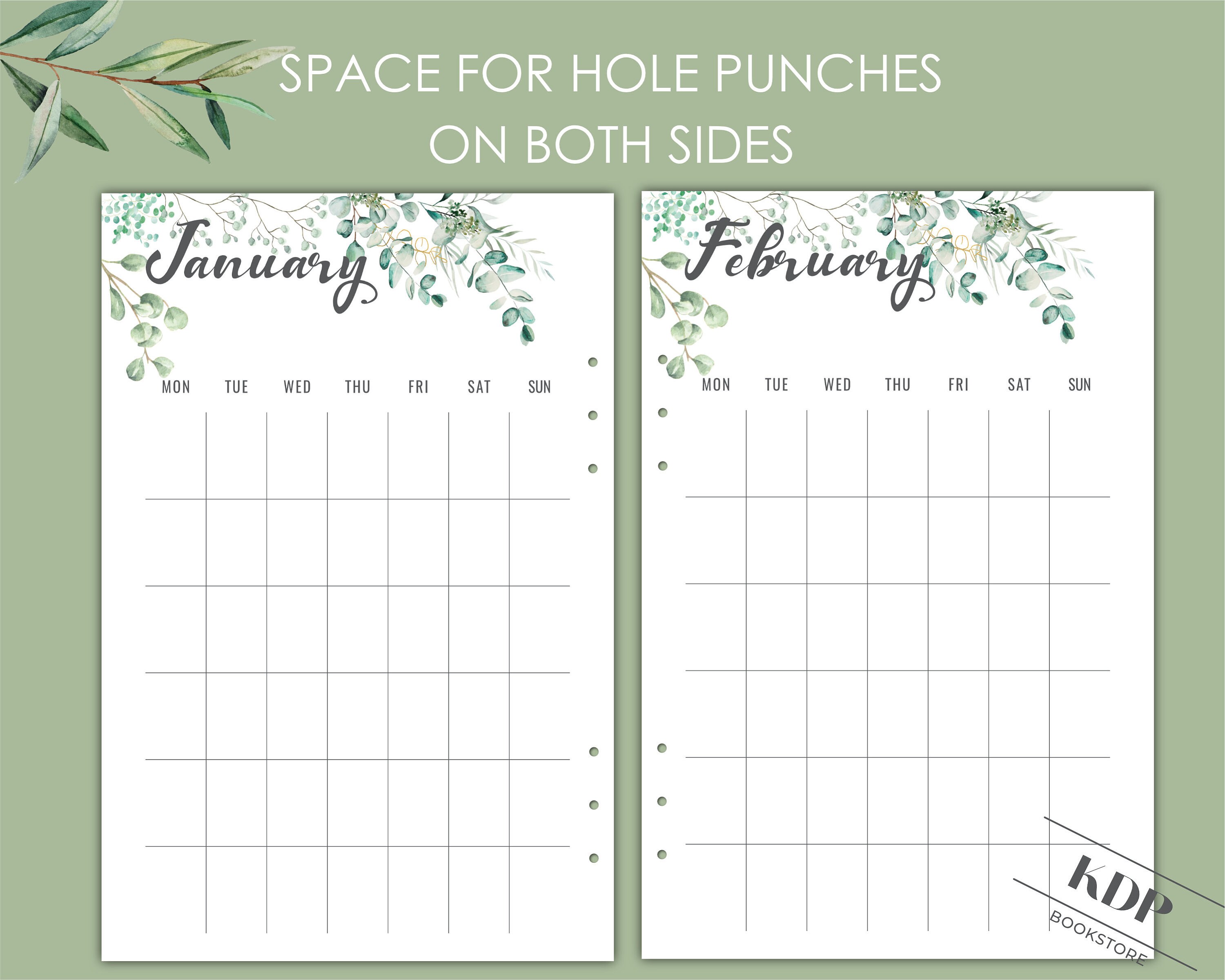 Undated Monthly Planner, Vertical Calendar, Watercolor Design ...