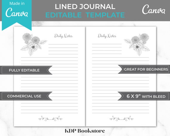 Floral Lined Journal Canva Template Editable KDP Interior | Etsy