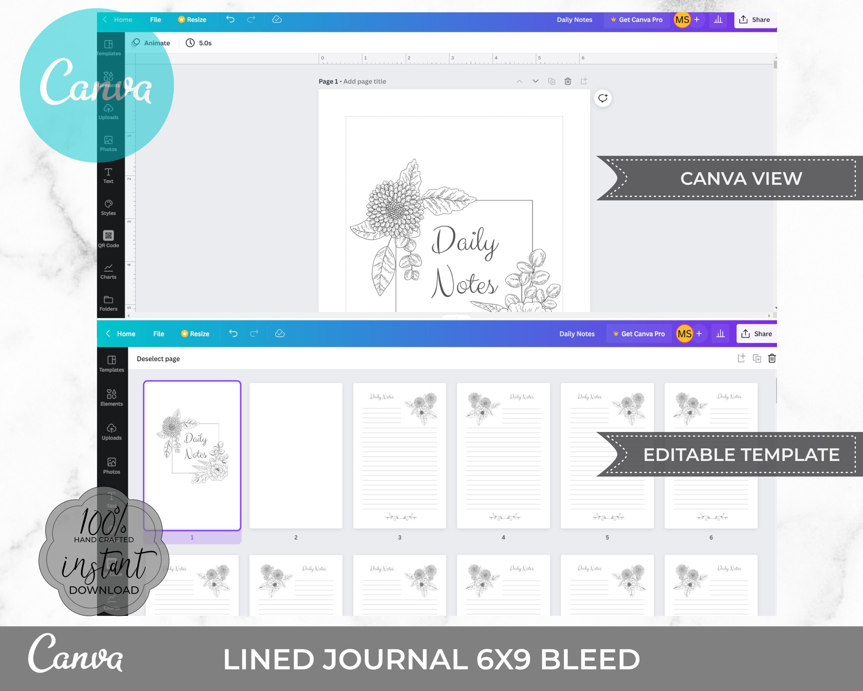 Floral Lined Journal, Canva Template, Editable KDP Interior, Daily ...