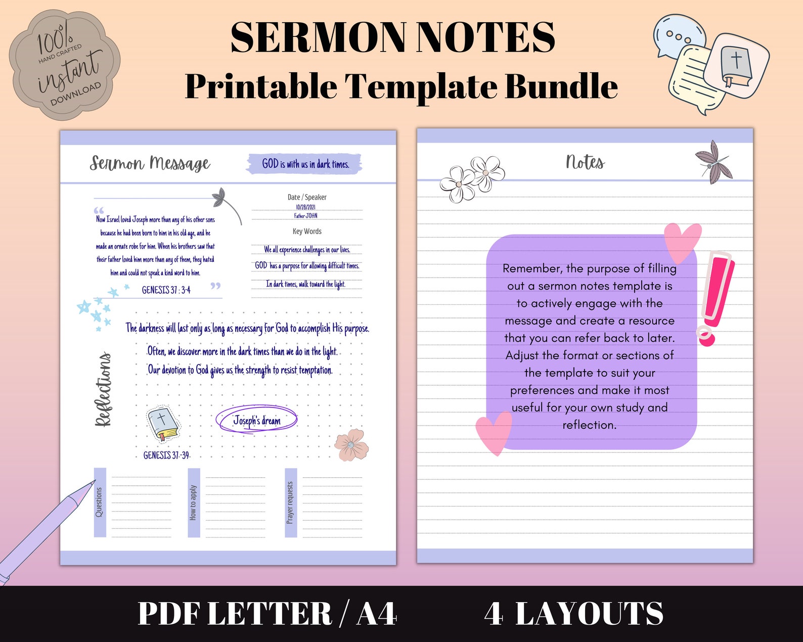 Sermon Notes Printable Template Bundle, Printable Bible Study, Digital ...