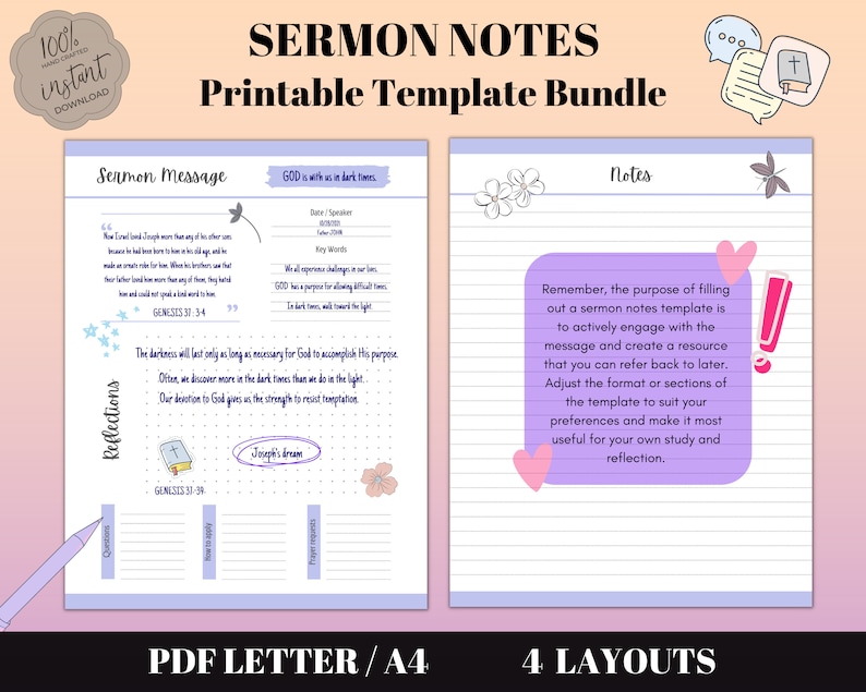 Sermon Notes Printable Template Bundle, Printable Bible Study, Digital ...