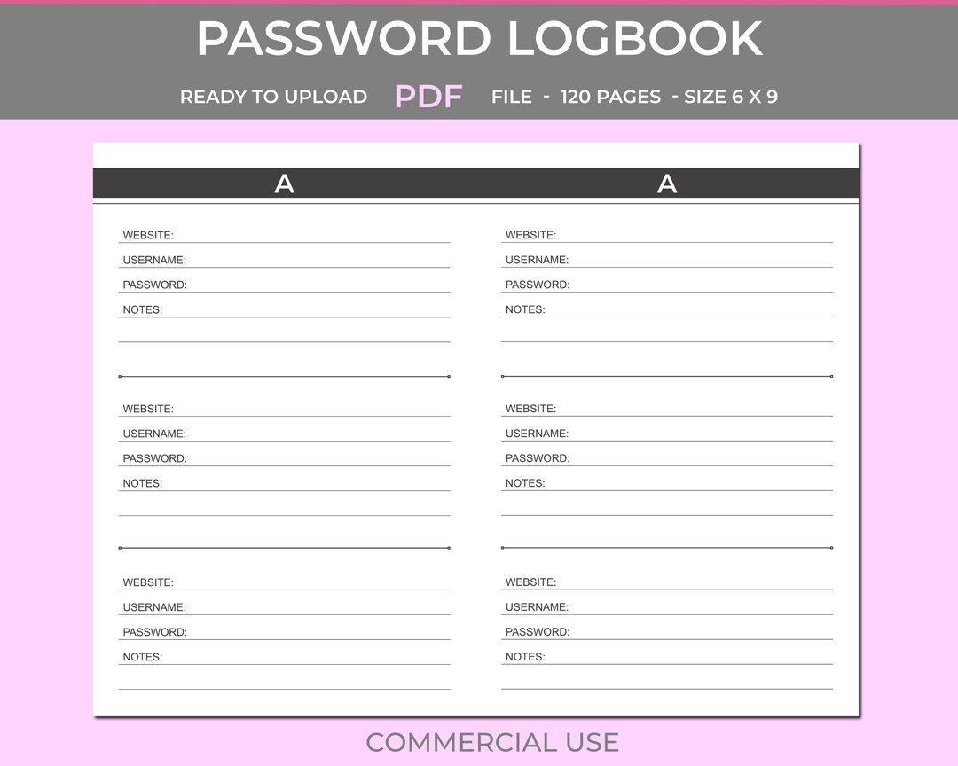 Password Logbook, Kdp Interior, Size 6x9 With Bleed, 120 Pages, Ready ...
