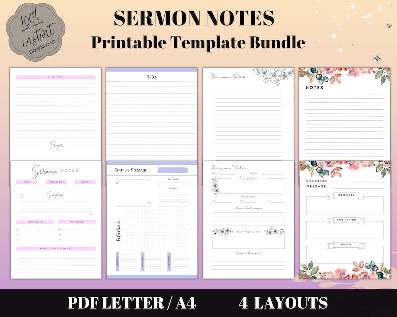 Sermon Notes Printable Template Bundle, Printable Bible Study, Digital ...
